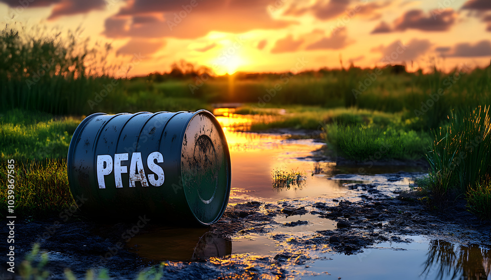 PFAS chemical container on the ground near a wetland during sunset ...