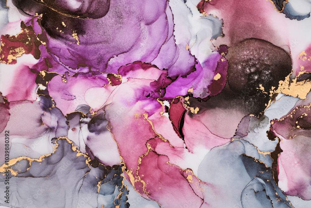 Swirls of color and veins of metallic gold form a flowing, abstract ...