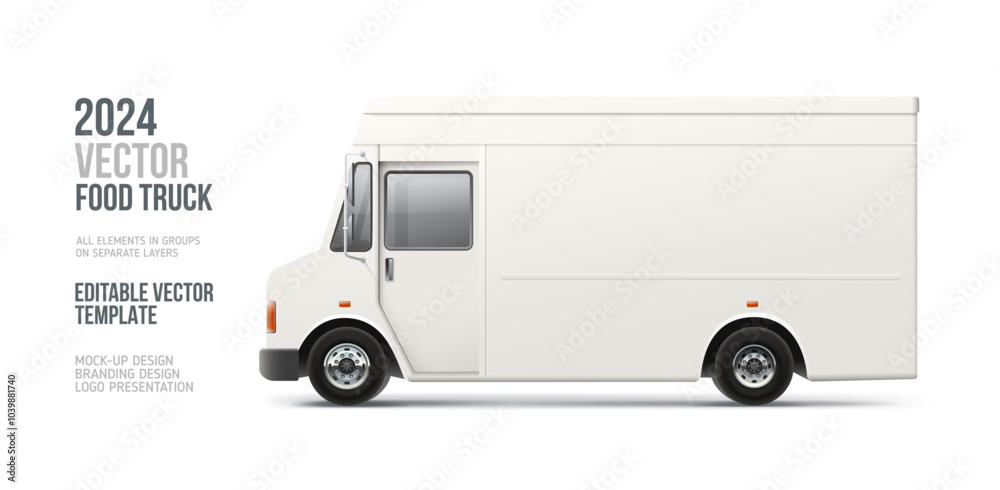 Realistic FoodTruck blank mockup. Side view White Food Van with space ...