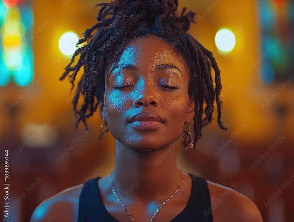 a reflective black woman in a church setting prays earnestly, embodying ...