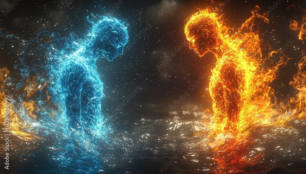 Two human figures made of water and fire, one in blue and the other in ...
