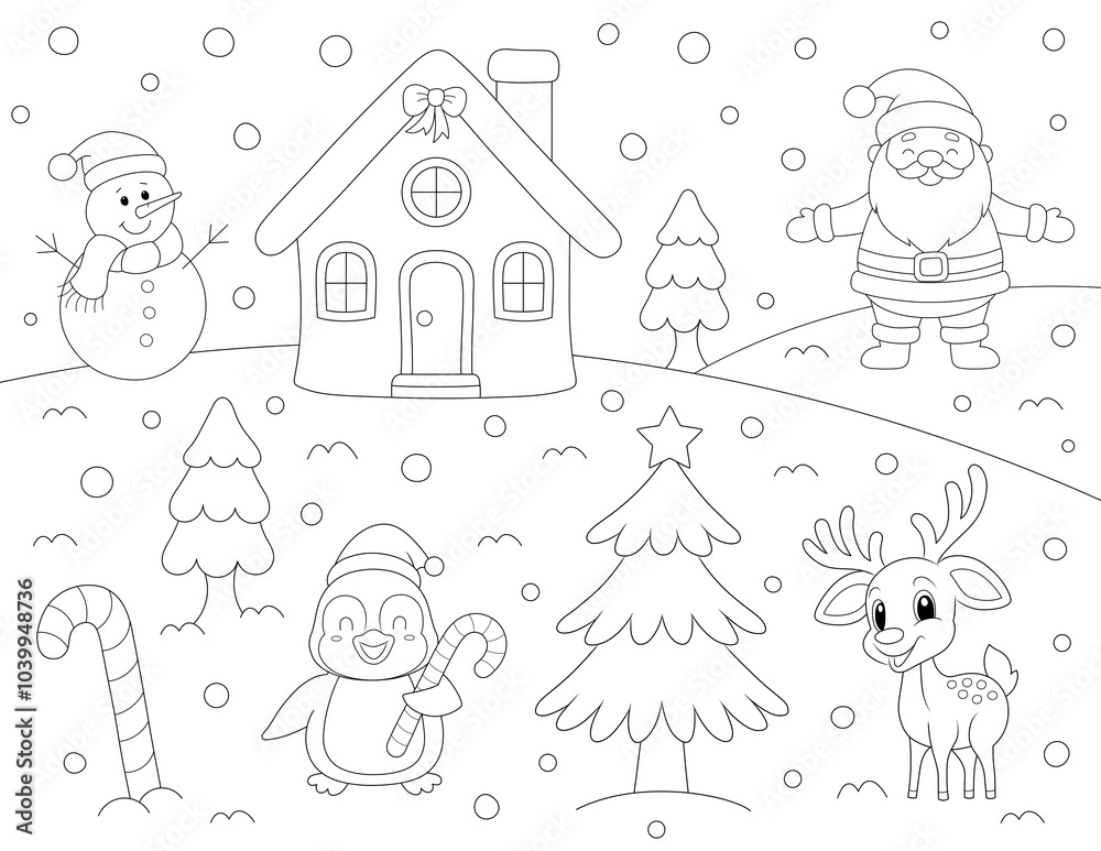 christmas coloring page cartoon characters santa, snowman, reindeer and ...