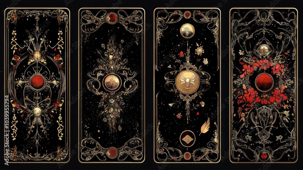 Unique Tarot Cards Arranged in Triangular Formation on Black Background ...