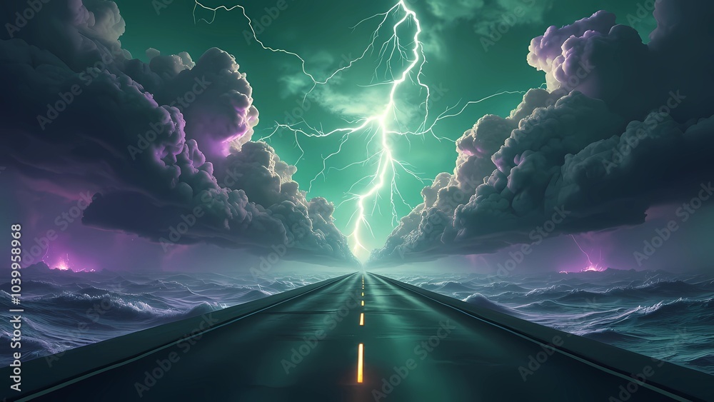 A powerful lightning storm rages above a deserted road, highlighting ...