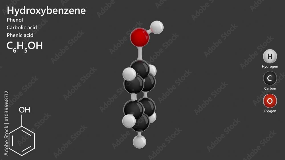 Hydroxybenzene or phenol. Animated 3D model of a molecule. Molecular ...