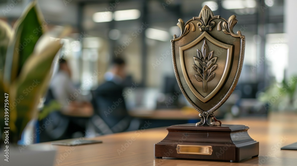 Award shield trophy. A bronze shield shaped award trophy, a symbol of ...