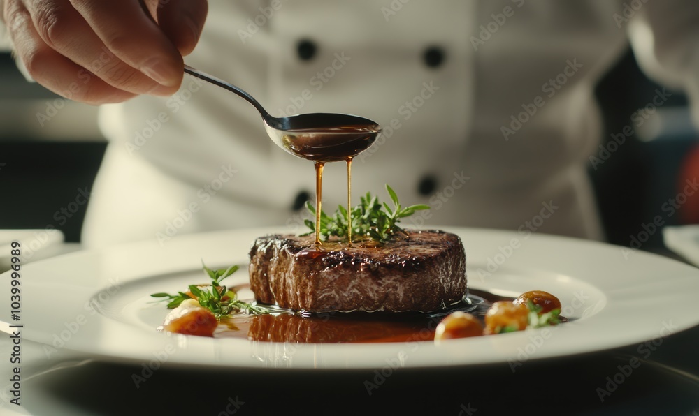 Five star chef dressing an elegant dish at Michelin star restaurant ...
