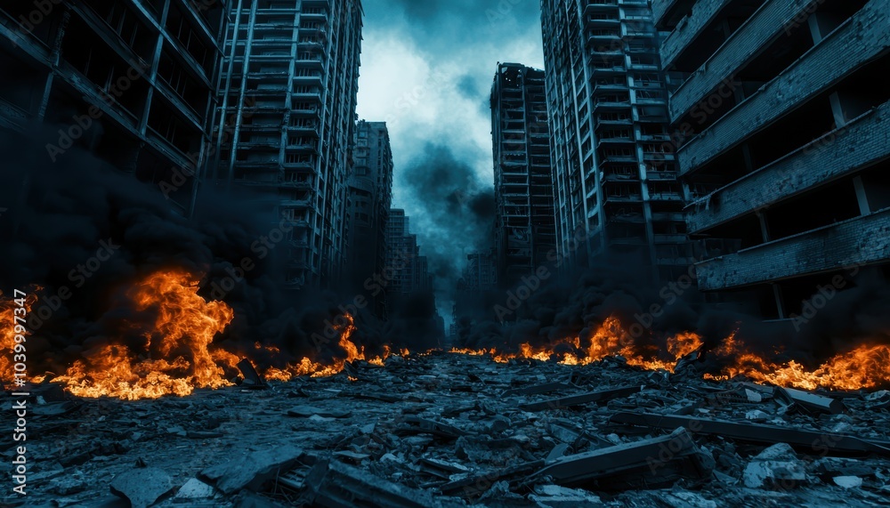 Dark, devastated city street lined with burning wreckage and ruined ...