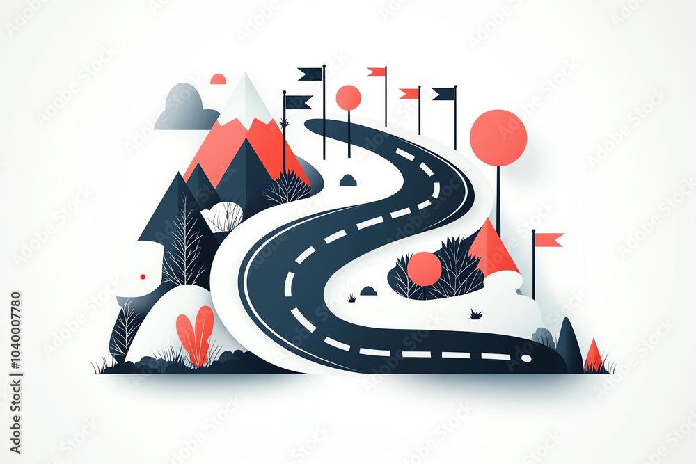 Road with flags marking each step, visualizing strategy in stages, flat ...