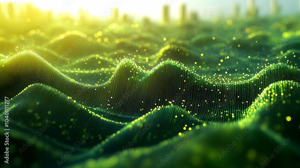 3D Abstract Data Stream Forming Green Cityscape Close-Up Futuristic ...