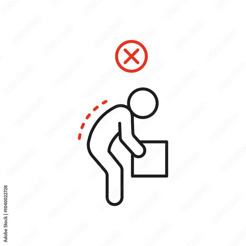 Wrong posture of spine for lift box, ergonomic work of person, line ...