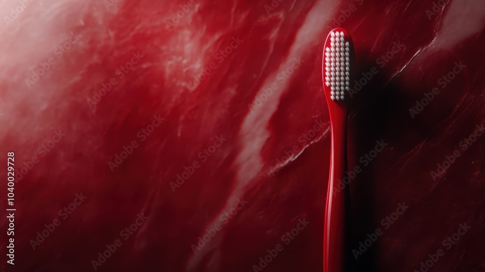 An artistic presentation of a red toothbrush standing on a red ...