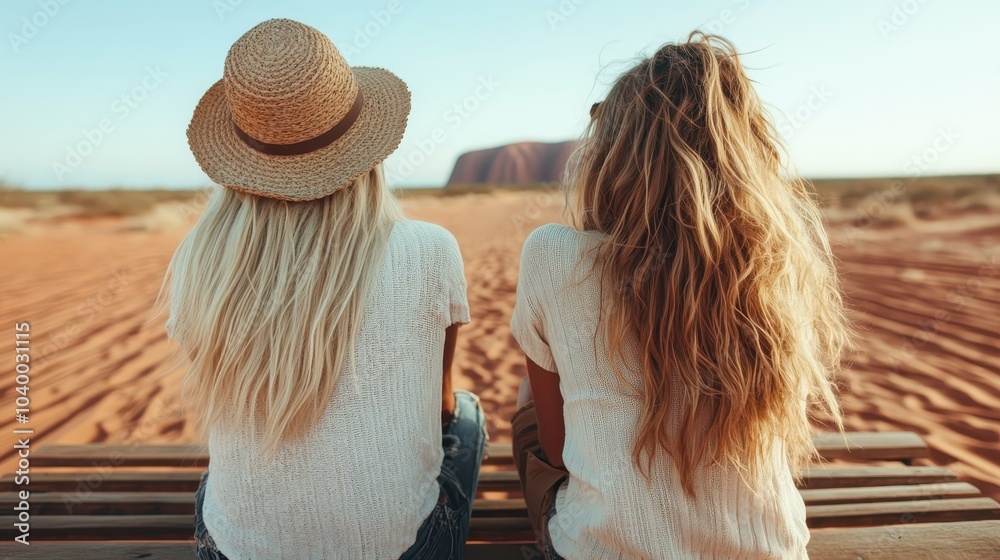 Two women with long hair sit on a bench wearing hats, gazing at the ...