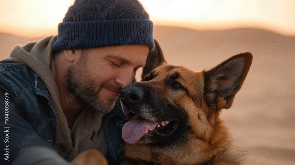 A quiet moment shared between a man and his German Shepherd as they ...