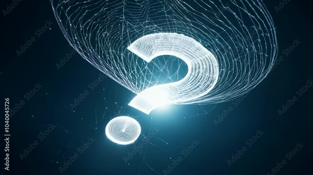 A glowing question mark is displayed on a black background. Concept of ...