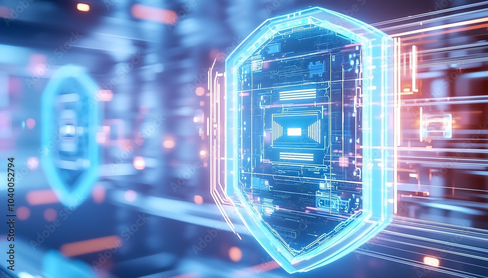 High tech security shield with integrated sensors and digital overlays ...