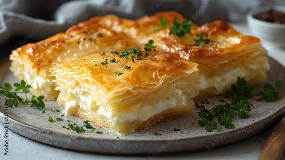 A plate of delicious Tiropita, with crispy filo pastry filled with a ...
