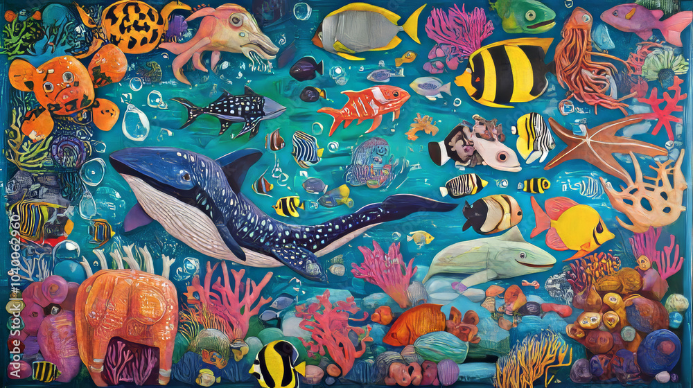 A colorful picture showing different sea creatures and fish with their ...