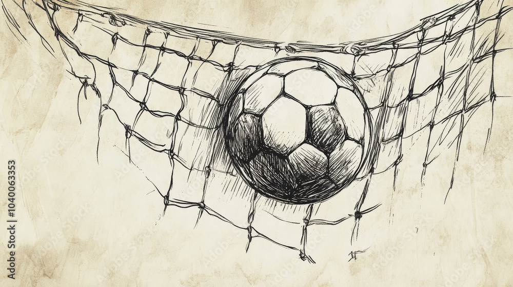 A hand-drawn sketch of a soccer ball going into the net. The image ...