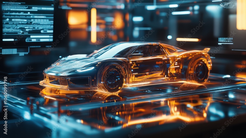 A holographic interface showcases a detailed car model in a high-tech ...