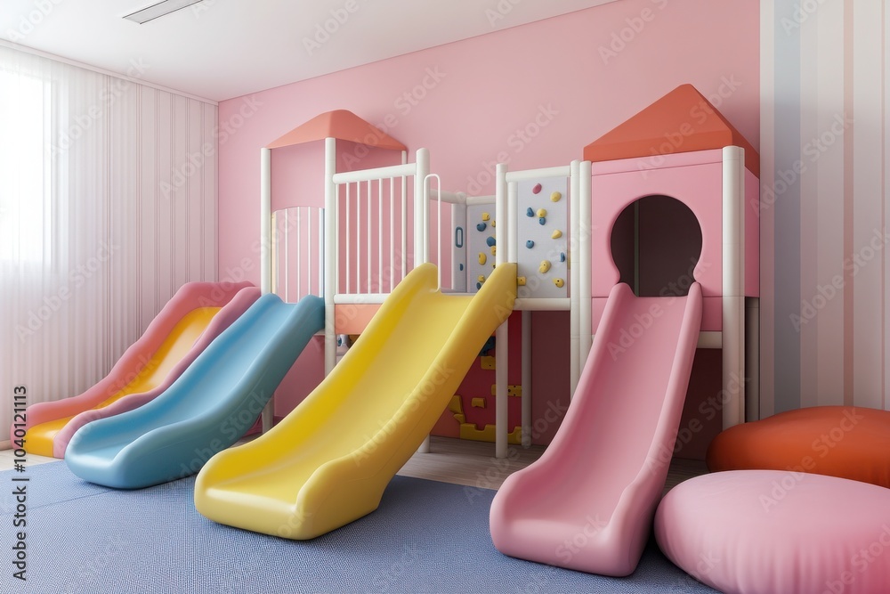 Bright and colorful indoor playground with multiple slides and climbing ...