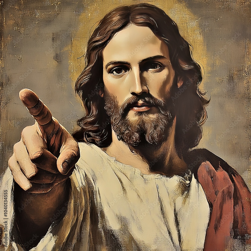 Fotografia A painting of Jesus Christ, with a serious expression ...