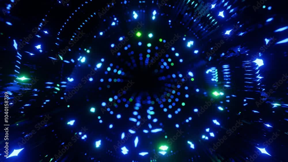 triangular blue tunnel. Fly through mirror tunnel with neon pattern, glow lines form sci fi ...