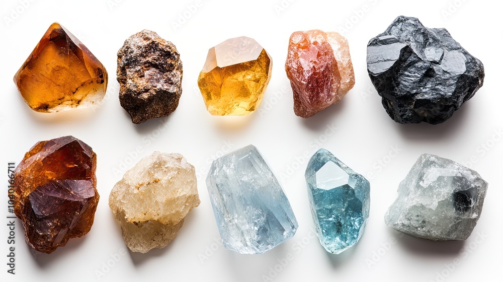 A set of raw uncut gemstones, including diamonds and topaz, arranged on ...