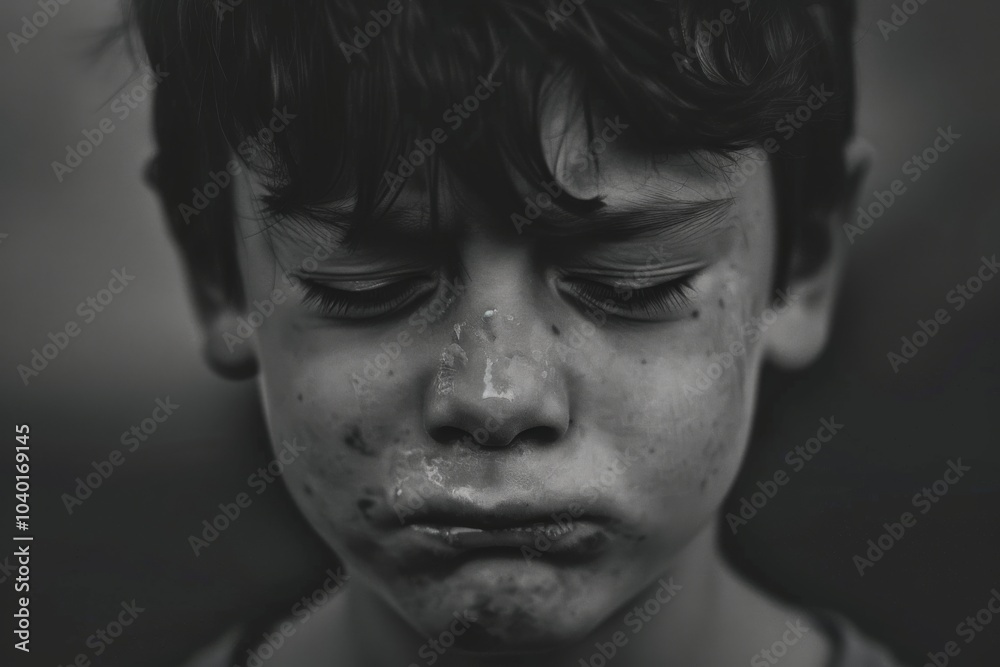 A poignant moment captured in black and white as a young child sheds ...