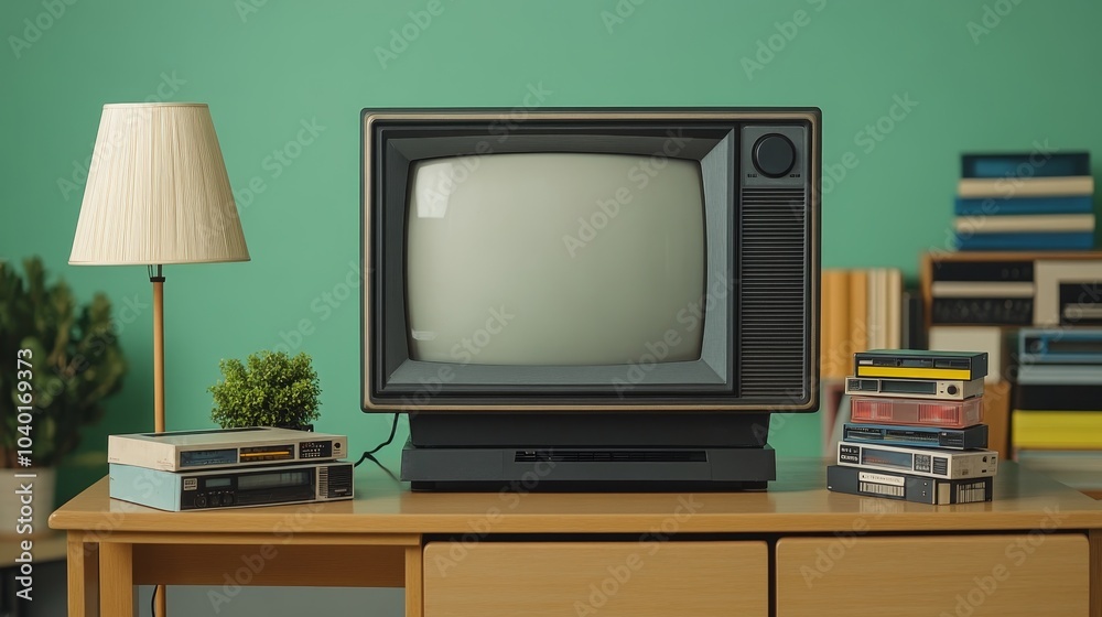 Vintage television in a dark room, single lamp on, VHS tapes stacked on ...