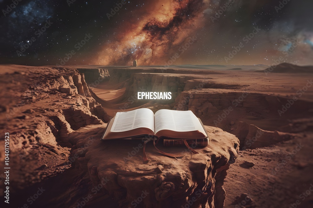The Book of Ephesians glowing softly above a Bible resting on the edge ...