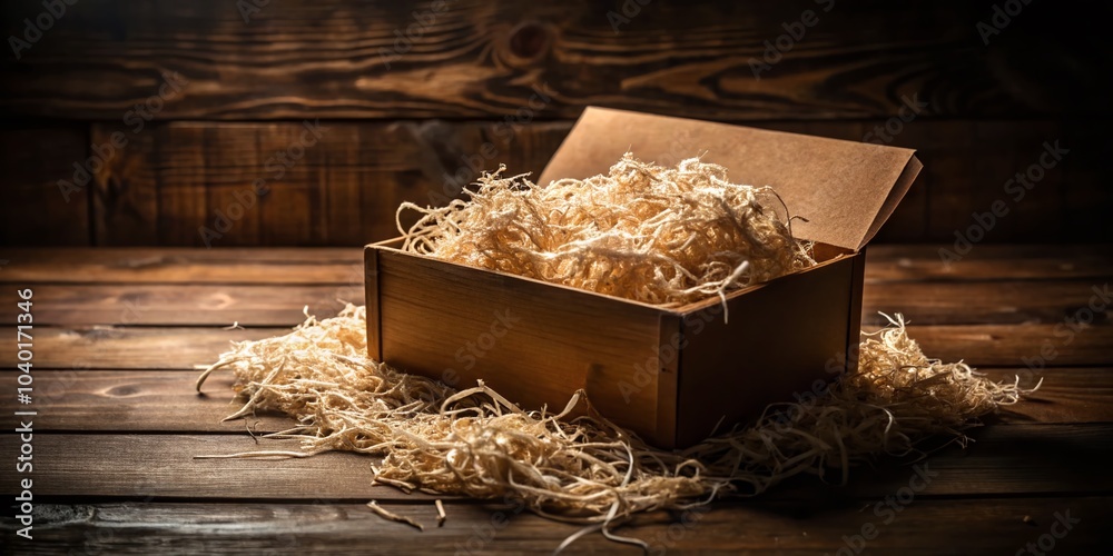 Open Brown Box with Shredded Paper in Low Light Photography for E ...