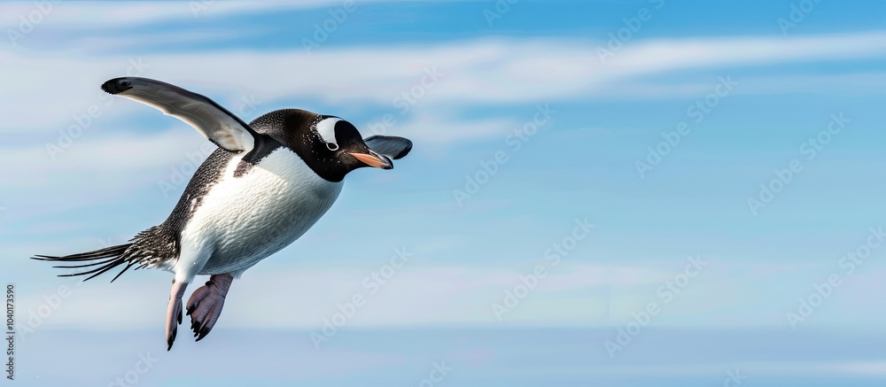A penguin shaped kite soars in the clear blue sky showing off two long ...