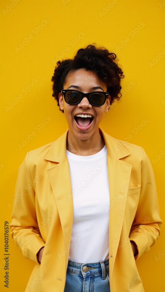 Excited black Gen Z woman with sunnies and shocked expression in front ...