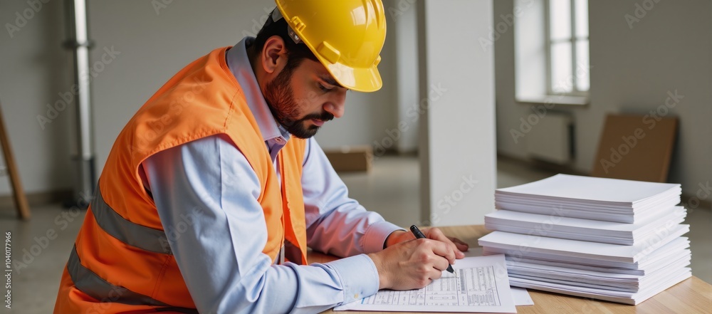 African-American civil engineer working on blueprints donning hard hat ...