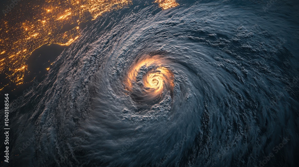 Satellite view of a hurricane over the eastern U.S. coast, showing city ...
