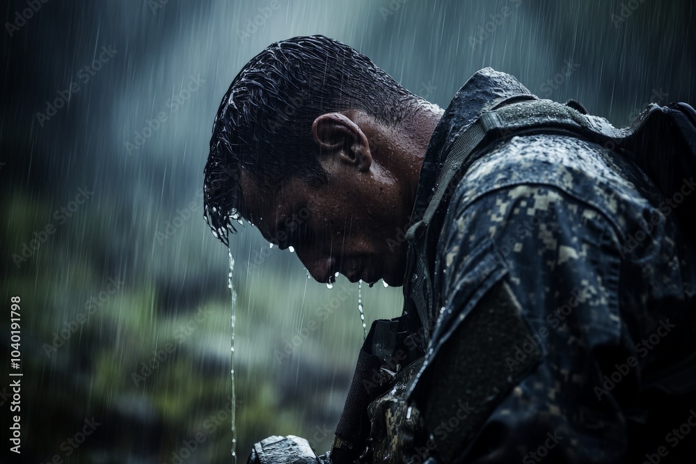Amidst the heavy rain, a soldier stands with resolute determination ...