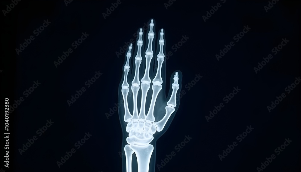 X-ray image of a human hand showing bones, used for medical diagnosis ...