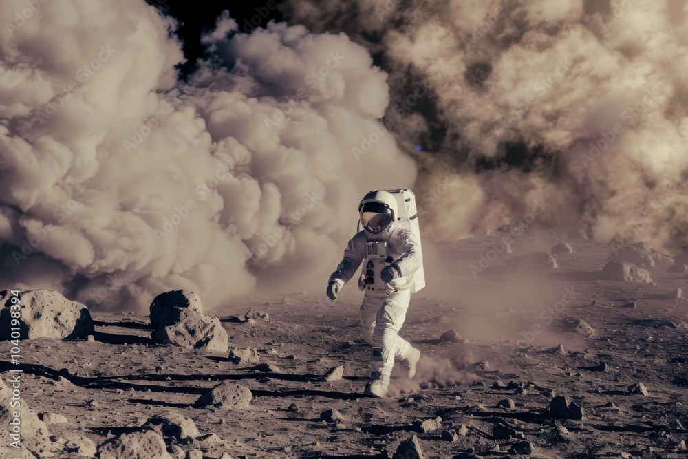 An astronaut begins a daring run through cosmic dust and rocky terrain ...