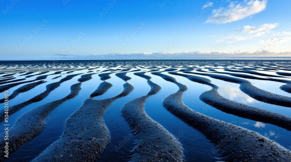 Wavy sand patterns and shallow water under a blue sky create a serene ...