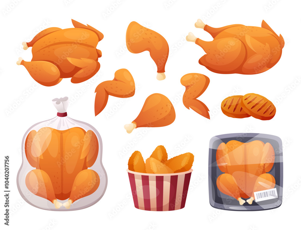 Chicken meat. Vector set of whole roasted chicken in tray packing with ...