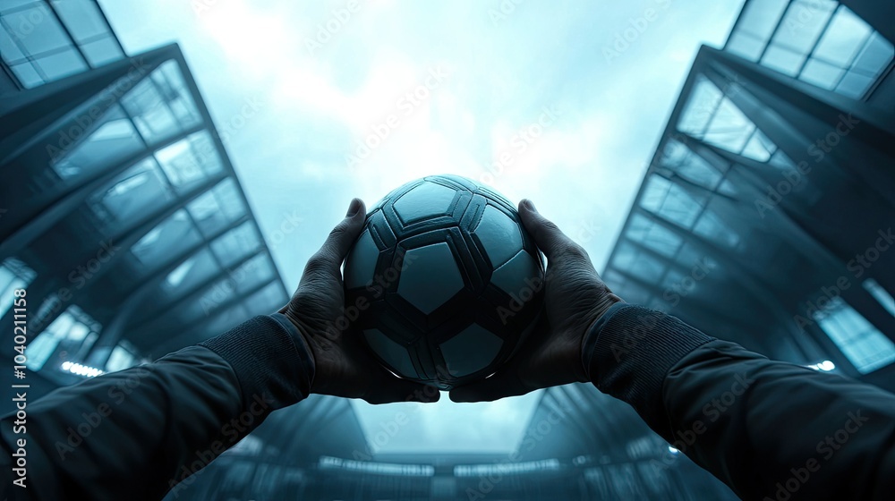 Hands gripping a soccer ball in front of a stadium entrance, with the ...