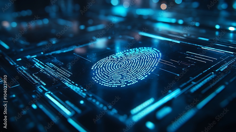 A digital fingerprint analysis on a forensic computer, glowing ...
