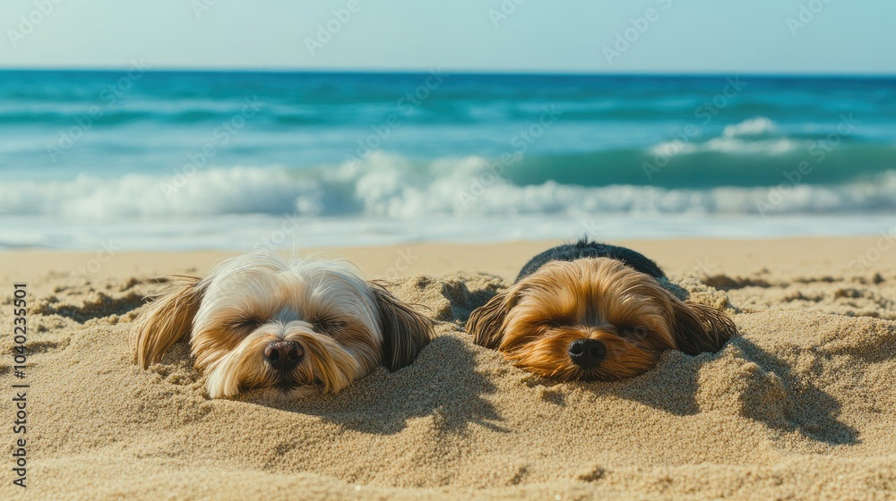 Two small dogs buried side by side in the sand, with their heads ...