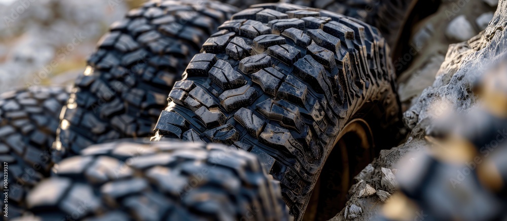 Zoomed in view of various off road tires featuring their rugged tread ...
