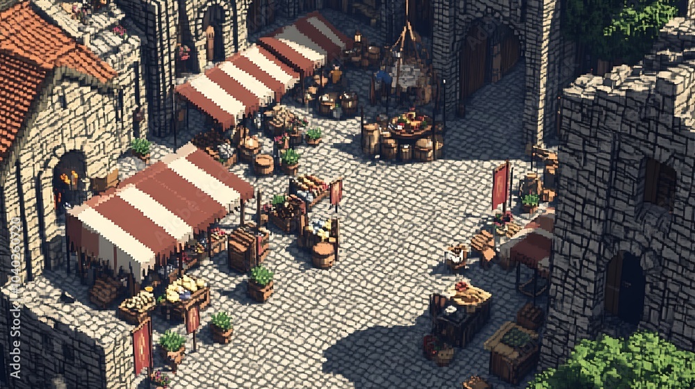 Pixel art DnD map of a medieval town square featuring market stalls and ...