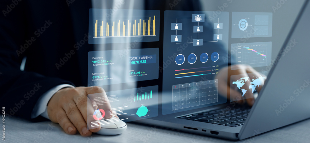 Businessman using KPI dashboard.Financial business data analytics graph ...