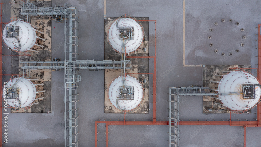 Aerial view spherical tank storage liquefied gas petrochemical, Horton ...