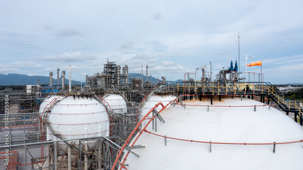 Poster Aerial view spherical tank storage liquefied gas petrochemical ...