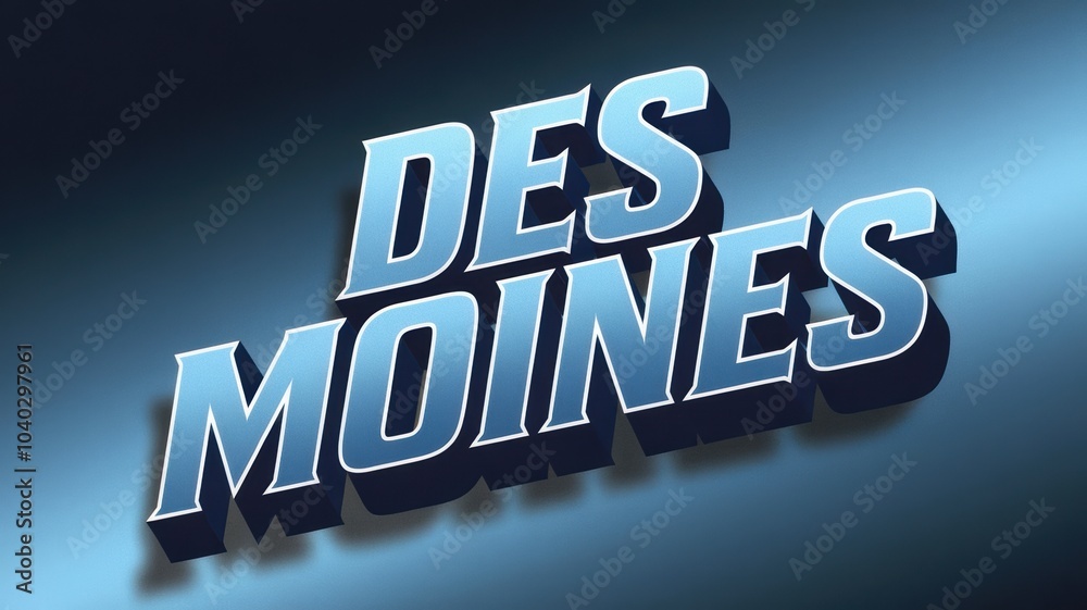 Stylized Text of DES MOINES: A bold, blue graphic design featuring a ...